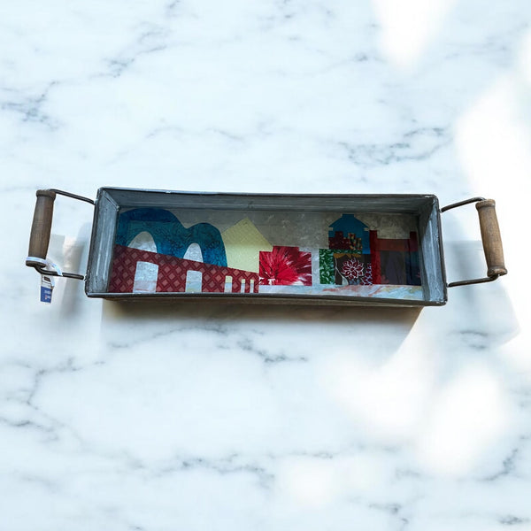 Memphis Skyline Metal Tray Mosaic Bridge with Delf Tile Pyramid 16" X ...